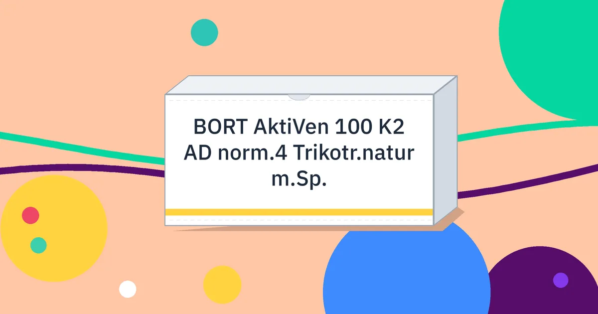 Symbolbild: Packung mit der Aufschrift BORT AktiVen 100 K2 AD norm.4 Trikotr.natur m.Sp. (PZN 13726477) – Verfügbarkeit und Bezug in Apotheken in Frankfurt am Main