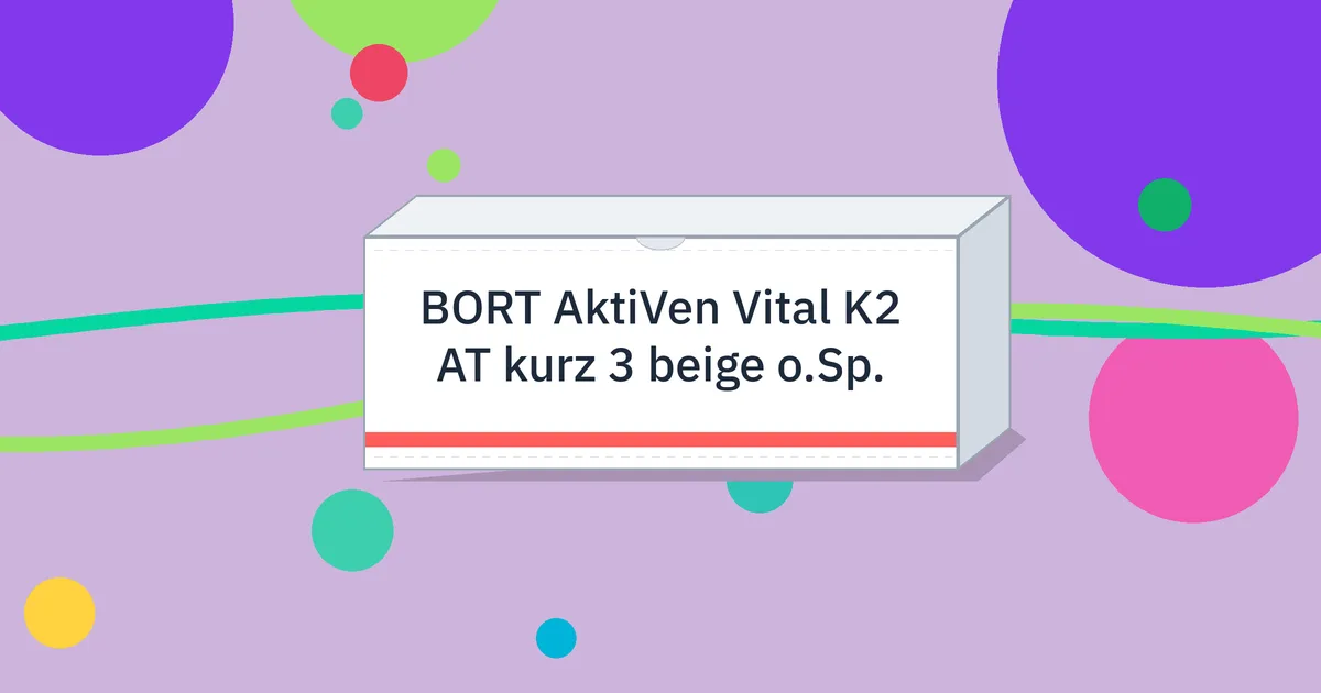 Symbolbild: Packung mit der Aufschrift BORT AktiVen Vital K2 AT kurz 3 beige o.Sp. (PZN 13739037) – Verfügbarkeit und Bezug in Apotheken in Frankfurt am Main