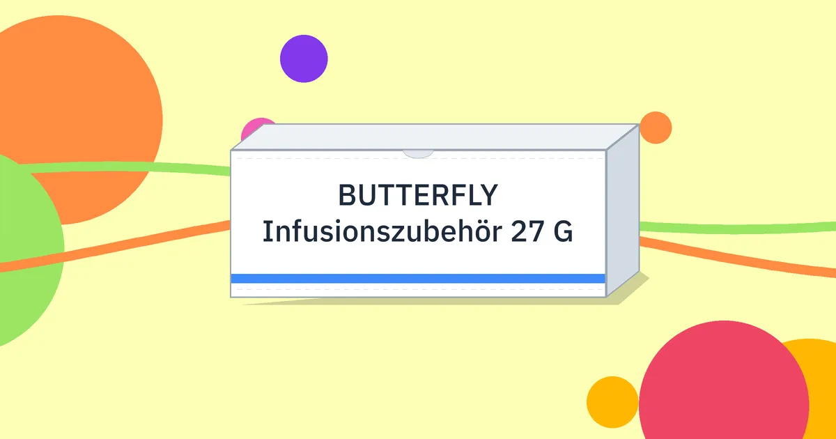 Symbolbild: Packung mit der Aufschrift BUTTERFLY Infusionszubehör 27 G (PZN 06942022) – Verfügbarkeit und Bezug in Apotheken in Frankfurt am Main