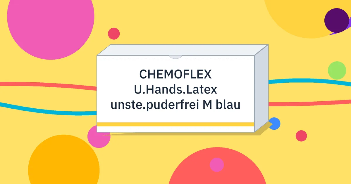 Symbolbild: Packung mit der Aufschrift CHEMOFLEX U.Hands.Latex unste.puderfrei M blau (PZN 18601668) – Verfügbarkeit und Bezug in Apotheken in Frankfurt am Main