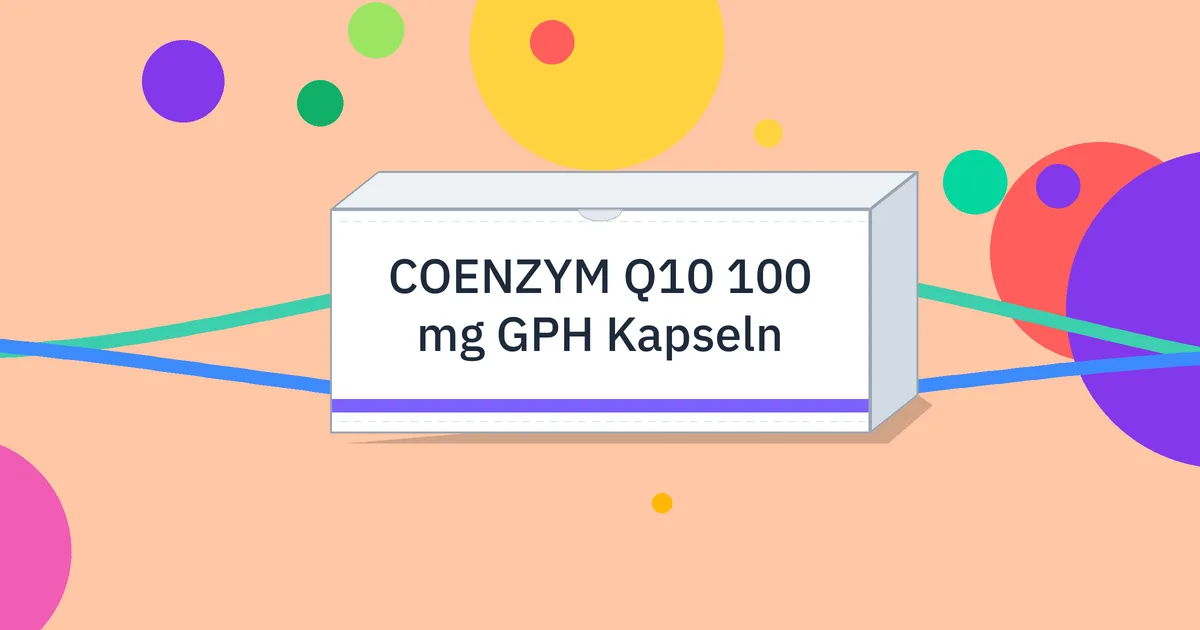 Symbolbild: Packung mit der Aufschrift COENZYM Q10 100 mg GPH Kapseln (PZN 06832747) – Verfügbarkeit und Bezug in Apotheken in Frankfurt am Main