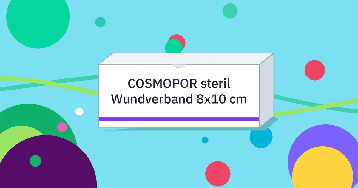 Symbolbild: Packung mit der Aufschrift COSMOPOR steril Wundverband 8x10 cm (PZN 04302034) – Verfügbarkeit und Bezug in Apotheken in Frankfurt am Main