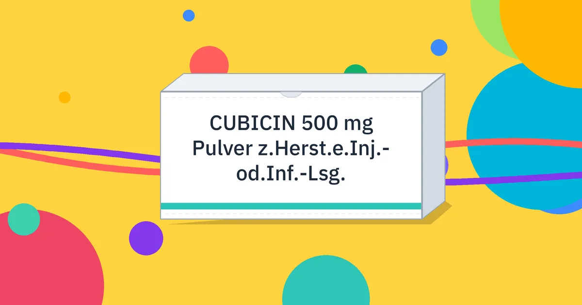 Symbolbild: Packung mit der Aufschrift CUBICIN 500 mg Pulver z.Herst.e.Inj.- od.Inf.-Lsg. (PZN 06708869) – Verfügbarkeit und Bezug in Apotheken in Frankfurt am Main