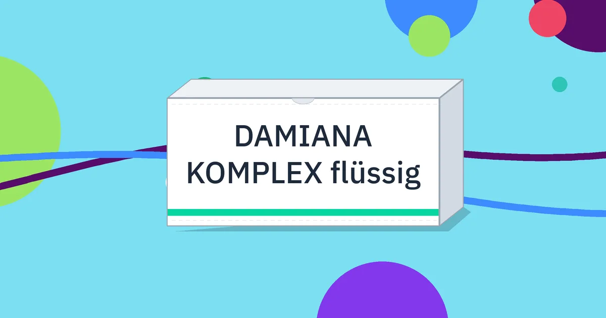 Symbolbild: Packung mit der Aufschrift DAMIANA KOMPLEX flüssig (PZN 02193859) – Verfügbarkeit und Bezug in Apotheken in Frankfurt am Main