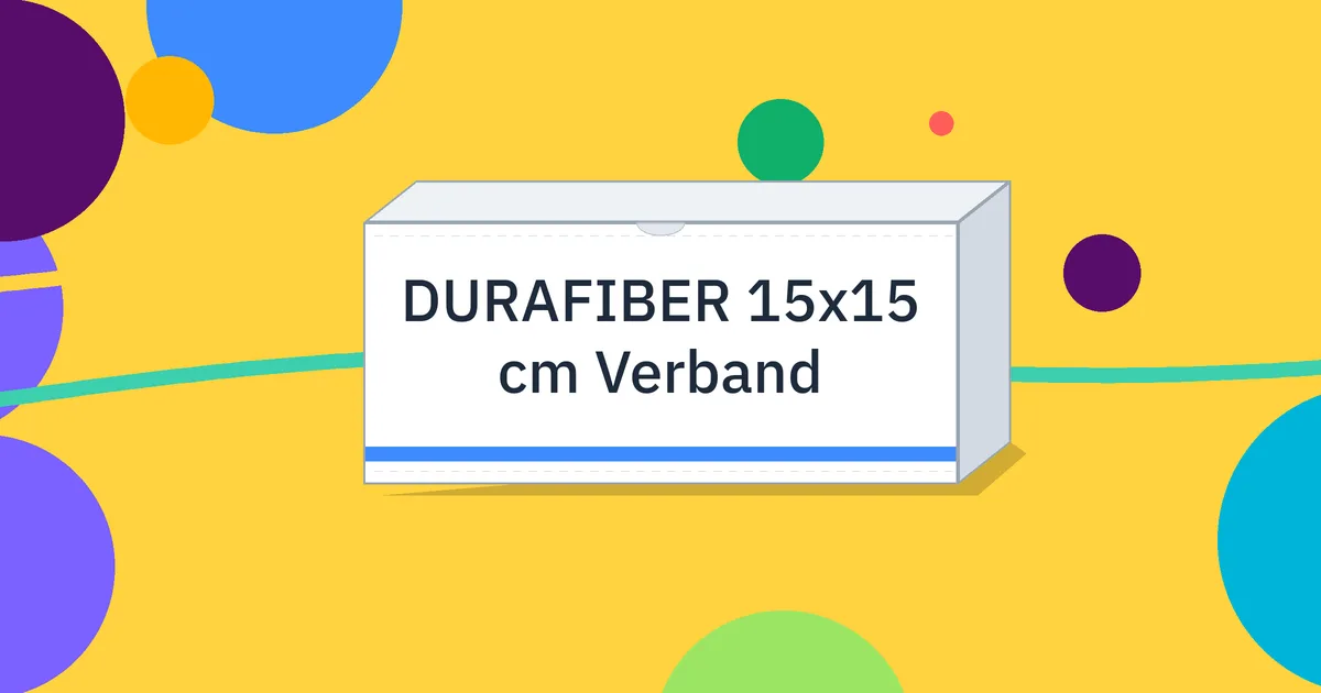 Symbolbild: Packung mit der Aufschrift DURAFIBER 15x15 cm Verband (PZN 13347886) – Verfügbarkeit und Bezug in Apotheken in Frankfurt am Main