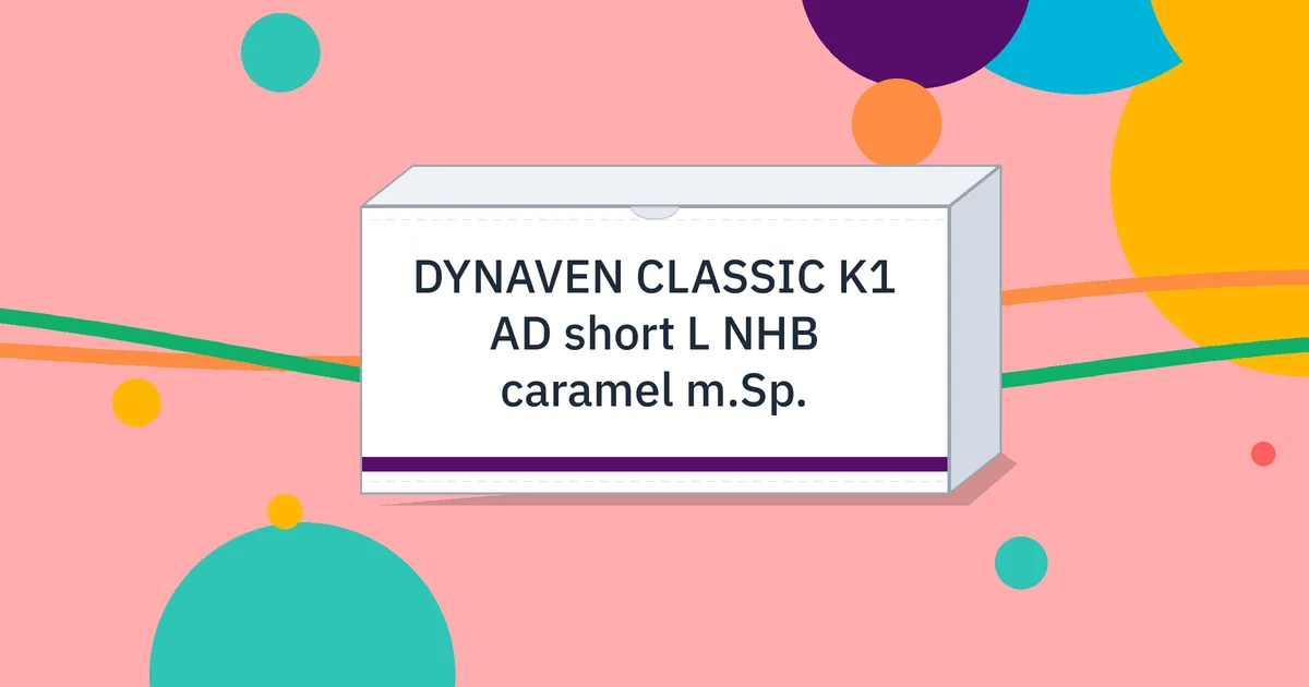 Symbolbild: Packung mit der Aufschrift DYNAVEN CLASSIC K1 AD short L NHB caramel m.Sp. (PZN 18415204) – Verfügbarkeit und Bezug in Apotheken in Frankfurt am Main