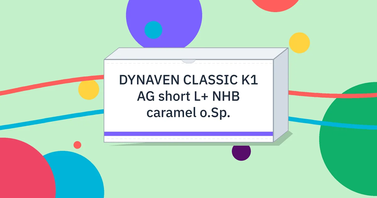 Symbolbild: Packung mit der Aufschrift DYNAVEN CLASSIC K1 AG short L+ NHB caramel o.Sp. (PZN 18415581) – Verfügbarkeit und Bezug in Apotheken in Frankfurt am Main