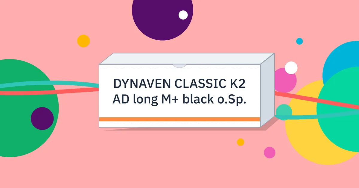 Symbolbild: Packung mit der Aufschrift DYNAVEN CLASSIC K2 AD long M+ black o.Sp. (PZN 18417189) – Verfügbarkeit und Bezug in Apotheken in Frankfurt am Main