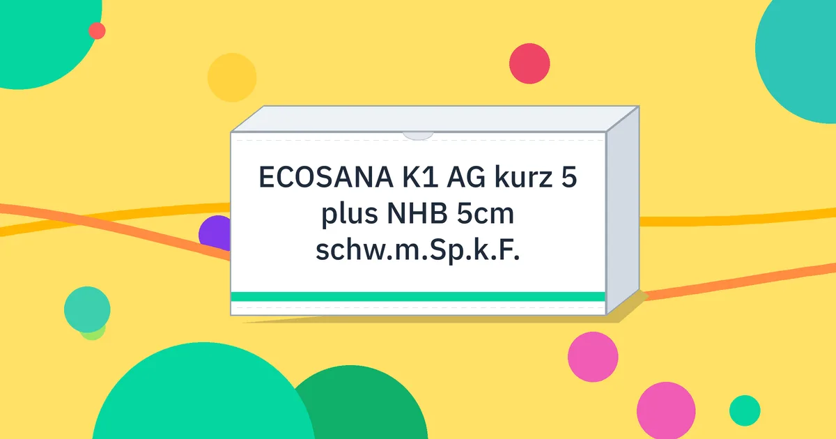 Symbolbild: Packung mit der Aufschrift ECOSANA K1 AG kurz 5 plus NHB 5cm schw.m.Sp.k.F. (PZN 04728968) – Verfügbarkeit und Bezug in Apotheken in Frankfurt am Main