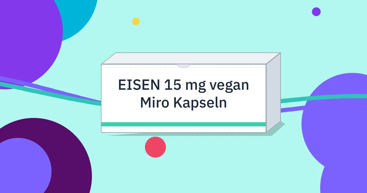 Symbolbild: Packung mit der Aufschrift EISEN 15 mg vegan Miro Kapseln (PZN 15737249) – Verfügbarkeit und Bezug in Apotheken in Frankfurt am Main