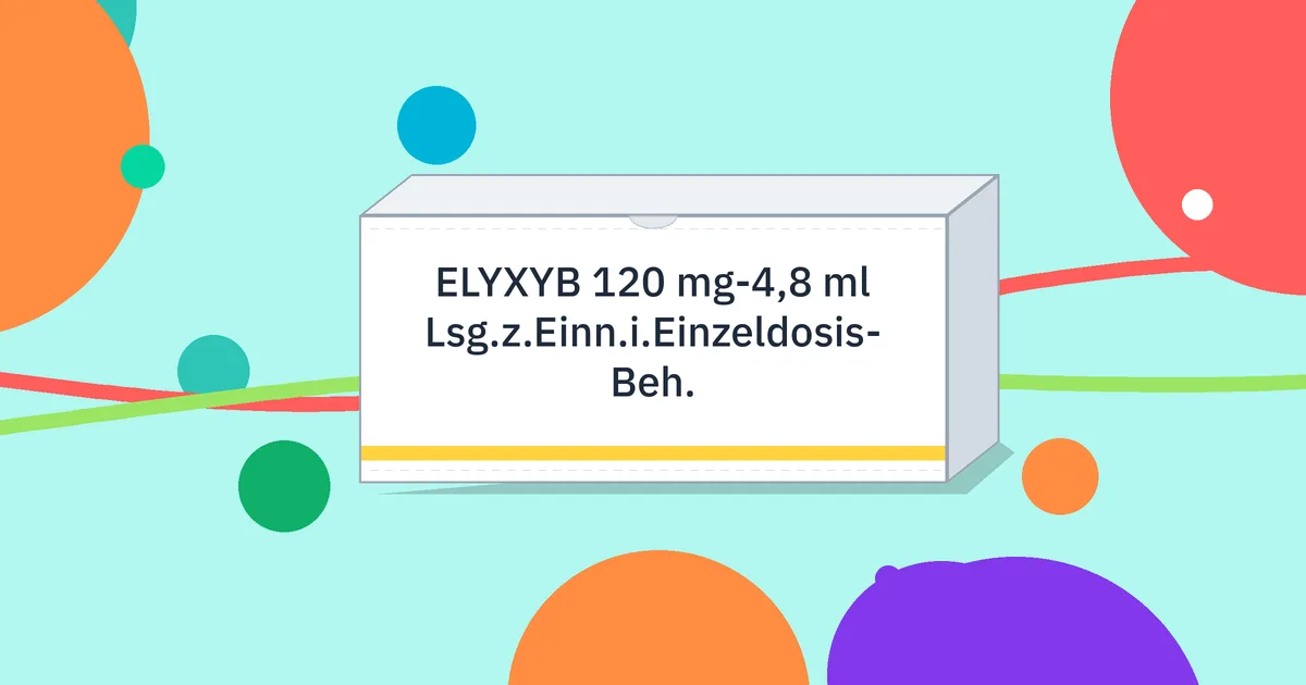 Symbolbild: Packung mit der Aufschrift ELYXYB 120 mg-4,8 ml Lsg.z.Einn.i.Einzeldosis-Beh. (PZN 19390446) – Verfügbarkeit und Bezug in Apotheken in Frankfurt am Main