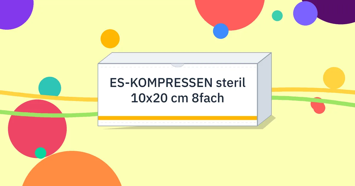 Symbolbild: Packung mit der Aufschrift ES-KOMPRESSEN steril 10x20 cm 8fach (PZN 11313736) – Verfügbarkeit und Bezug in Apotheken in Frankfurt am Main