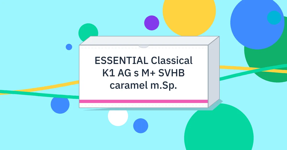 Symbolbild: Packung mit der Aufschrift ESSENTIAL Classical K1 AG s M+ SVHB caramel m.Sp. (PZN 18420719) – Verfügbarkeit und Bezug in Apotheken in Frankfurt am Main
