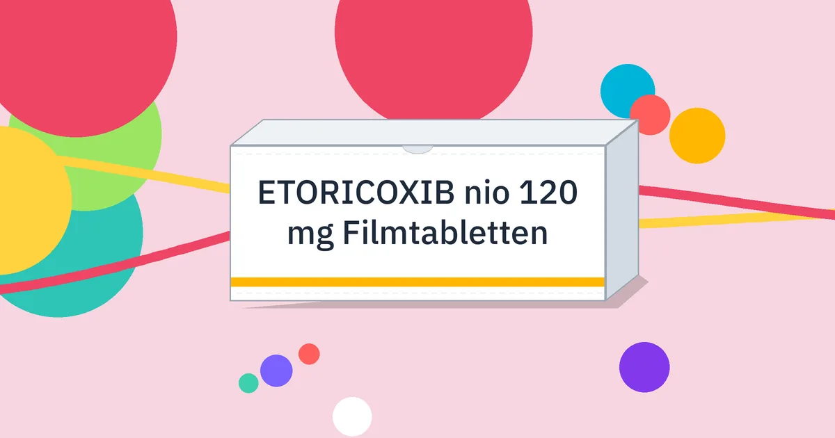 Symbolbild: Packung mit der Aufschrift ETORICOXIB nio 120 mg Filmtabletten (PZN 20348231) – Verfügbarkeit und Bezug in Apotheken in Frankfurt am Main