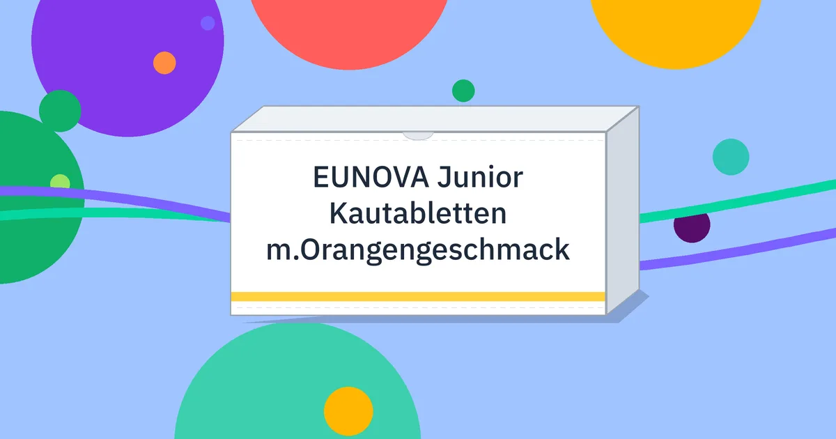 Symbolbild: Packung mit der Aufschrift EUNOVA Junior Kautabletten m.Orangengeschmack (PZN 17513399) – Verfügbarkeit und Bezug in Apotheken in Frankfurt am Main