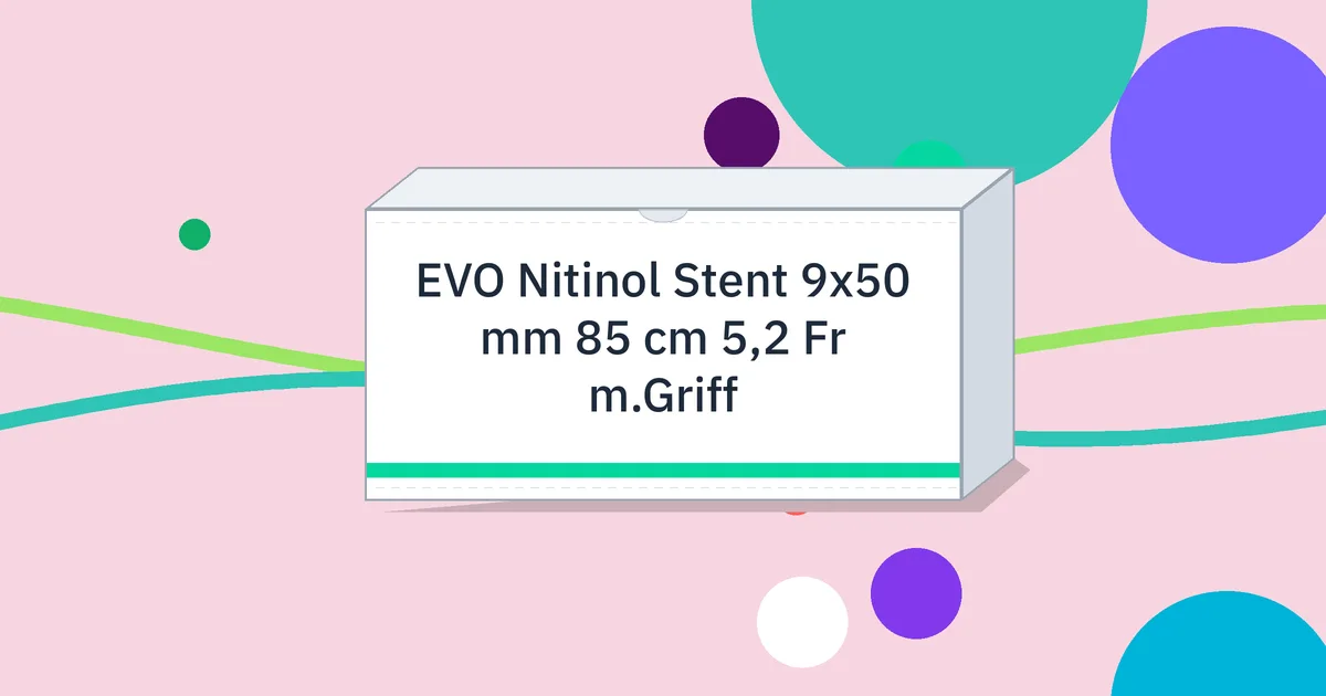 Symbolbild: Packung mit der Aufschrift EVO Nitinol Stent 9x50 mm 85 cm 5,2 Fr m.Griff (PZN 00223444) – Verfügbarkeit und Bezug in Apotheken in Frankfurt am Main