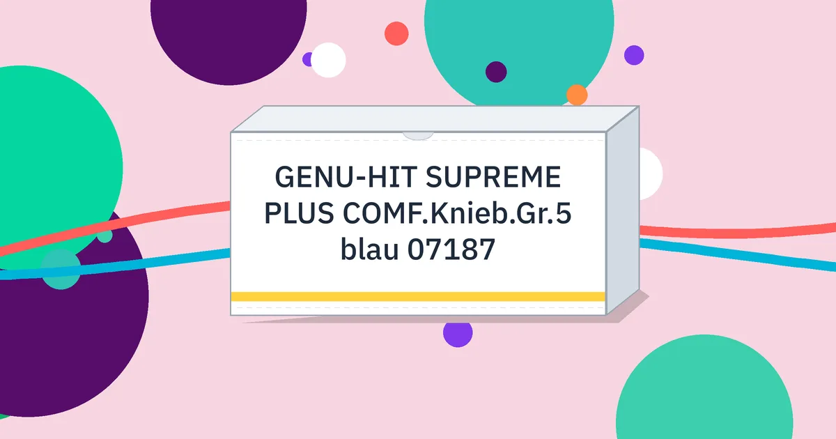 Symbolbild: Packung mit der Aufschrift GENU-HIT SUPREME PLUS COMF.Knieb.Gr.5 blau 07187 (PZN 18181522) – Verfügbarkeit und Bezug in Apotheken in Frankfurt am Main