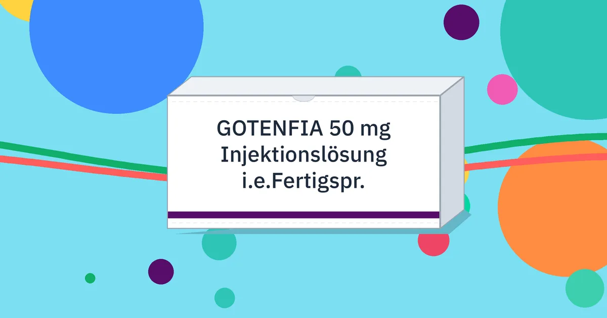 Symbolbild: Packung mit der Aufschrift GOTENFIA 50 mg Injektionslösung i.e.Fertigspr. (PZN 20013542) – Verfügbarkeit und Bezug in Apotheken in Frankfurt am Main