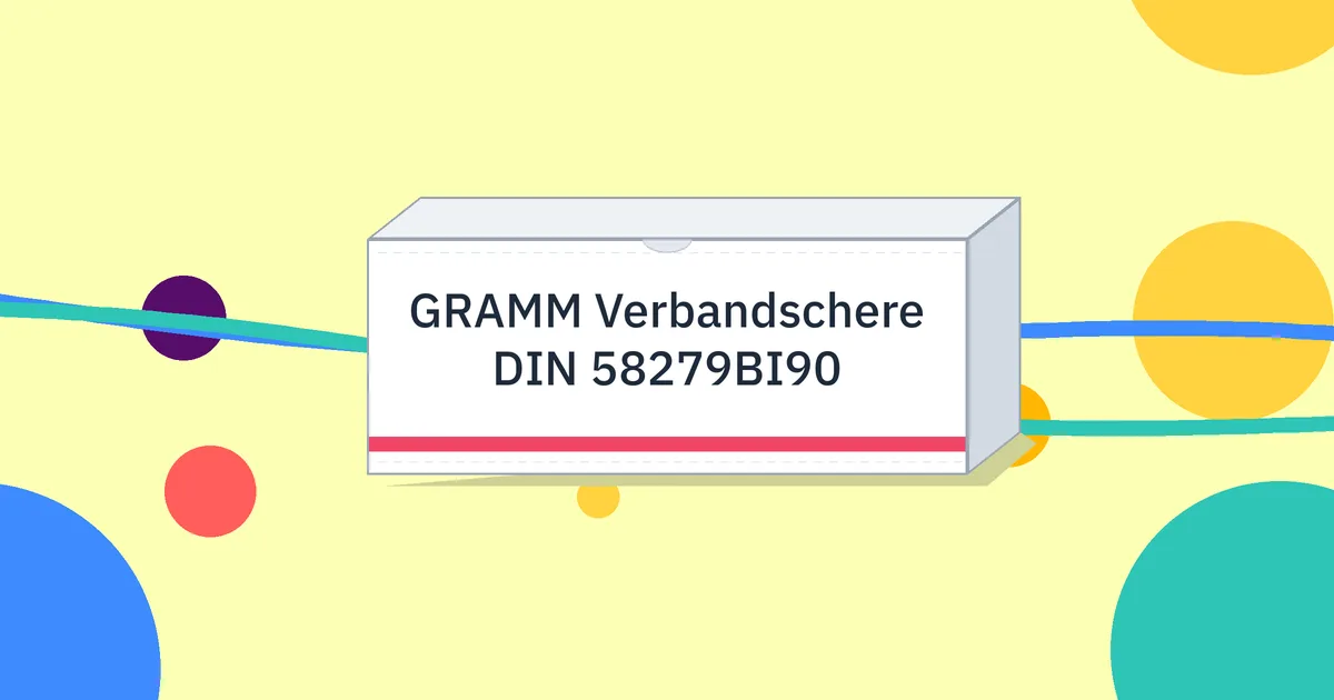 Symbolbild: Packung mit der Aufschrift GRAMM Verbandschere DIN 58279BI90 (PZN 07356591) – Verfügbarkeit und Bezug in Apotheken in Frankfurt am Main