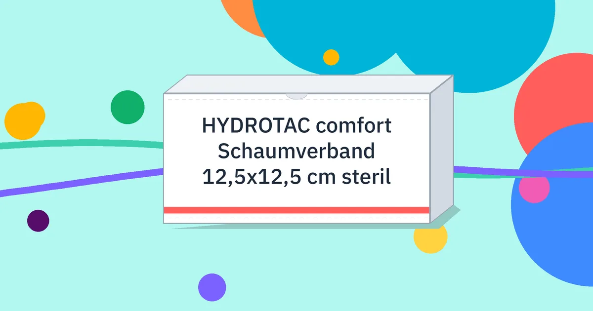 Symbolbild: Packung mit der Aufschrift HYDROTAC comfort Schaumverband 12,5x12,5 cm steril (PZN 19433865) – Verfügbarkeit und Bezug in Apotheken in Frankfurt am Main