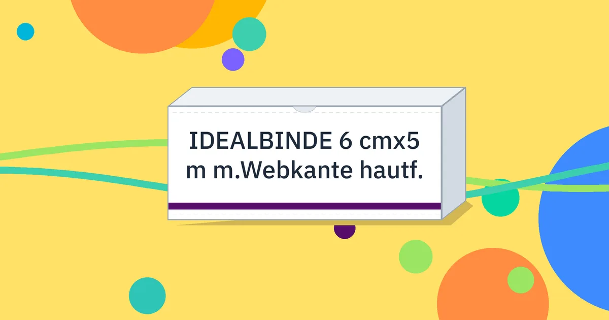 Symbolbild: Packung mit der Aufschrift IDEALBINDE 6 cmx5 m m.Webkante hautf. (PZN 01720363) – Verfügbarkeit und Bezug in Apotheken in Frankfurt am Main