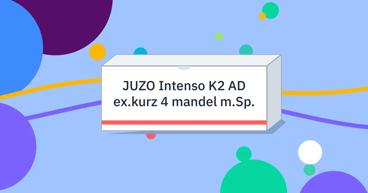 Symbolbild: Packung mit der Aufschrift JUZO Intenso K2 AD ex.kurz 4 mandel m.Sp. (PZN 18608191) – Verfügbarkeit und Bezug in Apotheken in Frankfurt am Main