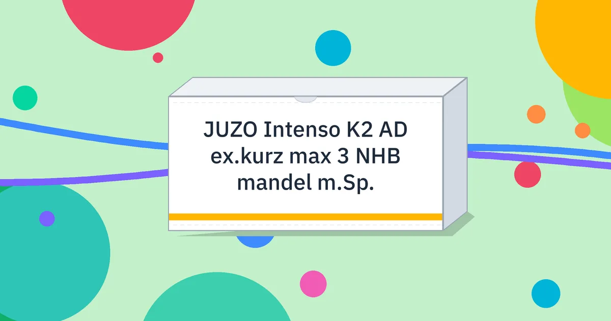 Symbolbild: Packung mit der Aufschrift JUZO Intenso K2 AD ex.kurz max 3 NHB mandel m.Sp. (PZN 18610526) – Verfügbarkeit und Bezug in Apotheken in Frankfurt am Main