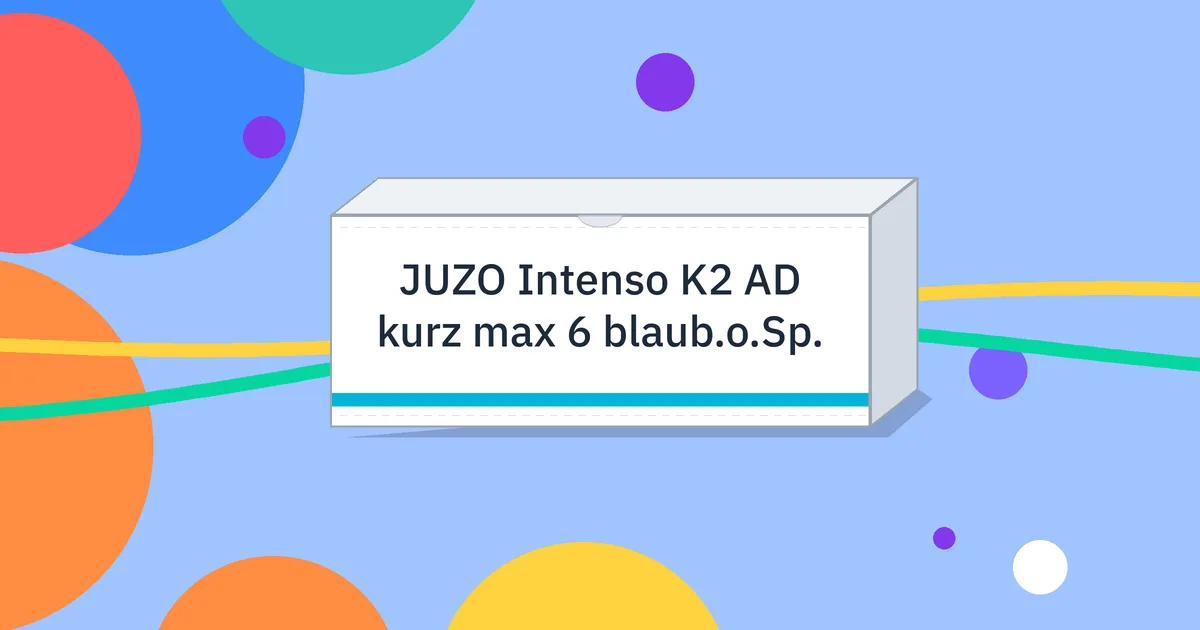 Symbolbild: Packung mit der Aufschrift JUZO Intenso K2 AD kurz max 6 blaub.o.Sp. (PZN 18619289) – Verfügbarkeit und Bezug in Apotheken in Frankfurt am Main