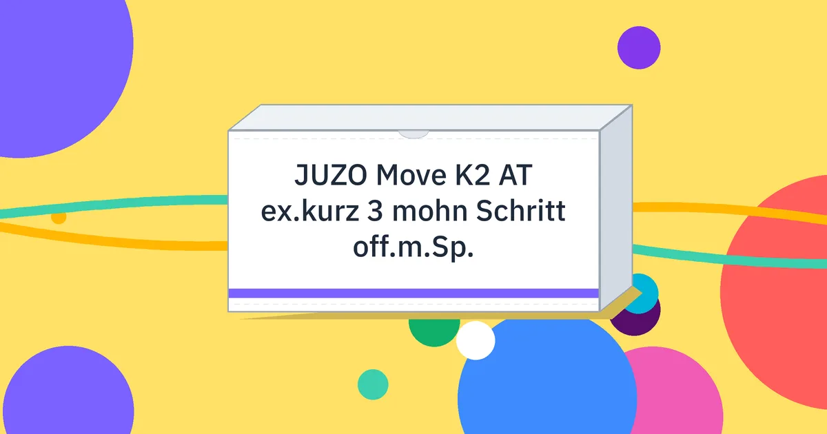 Symbolbild: Packung mit der Aufschrift JUZO Move K2 AT ex.kurz 3 mohn Schritt off.m.Sp. (PZN 20671481) – Verfügbarkeit und Bezug in Apotheken in Frankfurt am Main