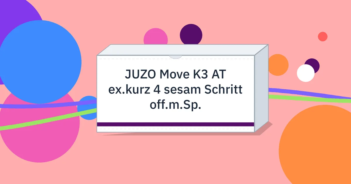 Symbolbild: Packung mit der Aufschrift JUZO Move K3 AT ex.kurz 4 sesam Schritt off.m.Sp. (PZN 20680563) – Verfügbarkeit und Bezug in Apotheken in Frankfurt am Main