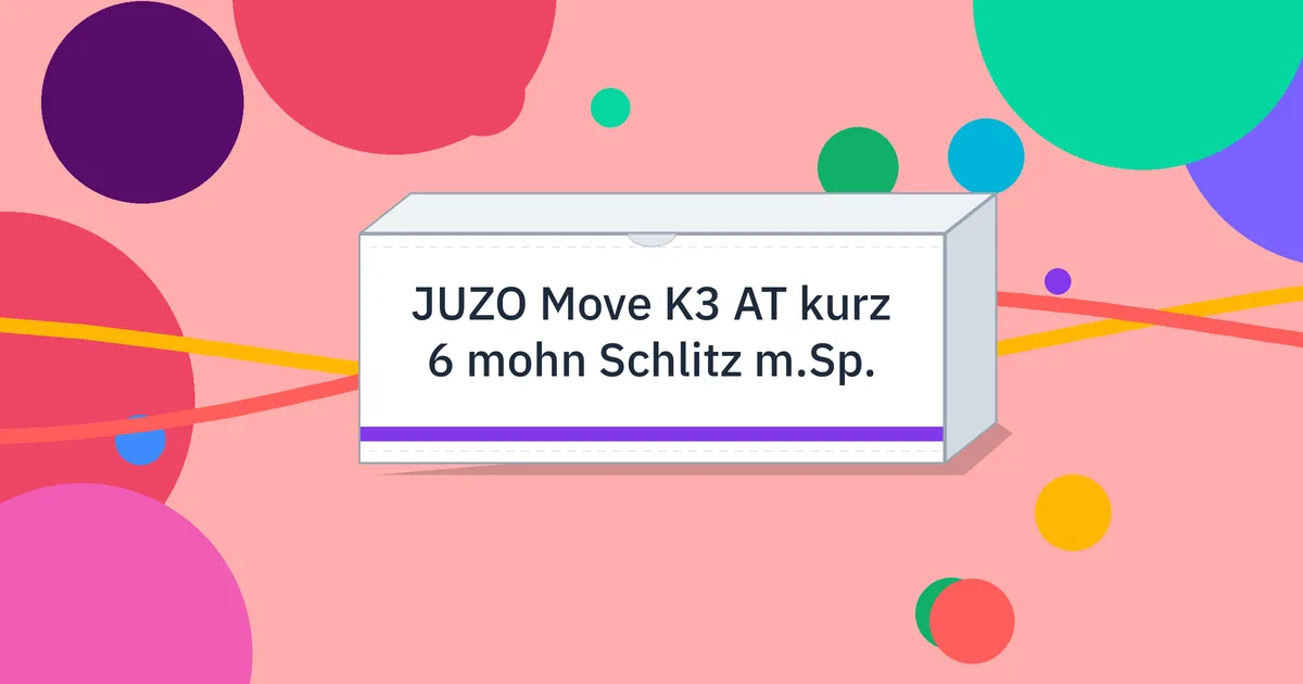 Symbolbild: Packung mit der Aufschrift JUZO Move K3 AT kurz 6 mohn Schlitz m.Sp. (PZN 20684408) – Verfügbarkeit und Bezug in Apotheken in Frankfurt am Main