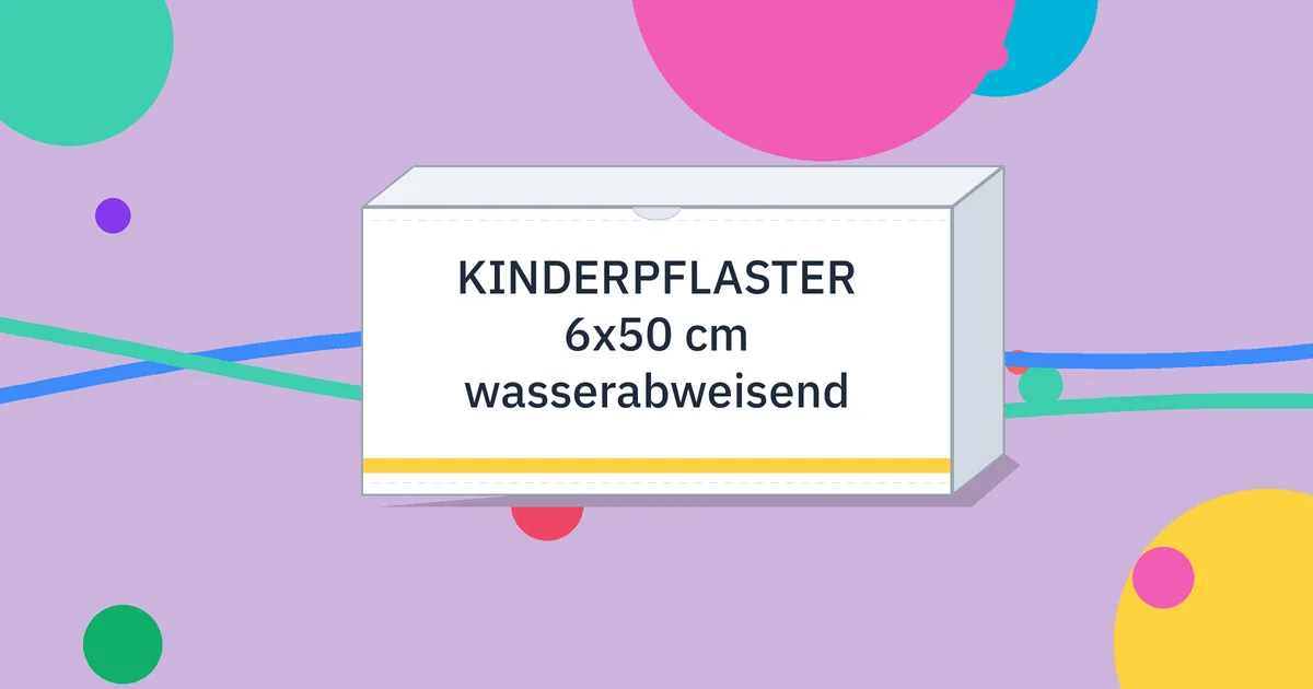 Symbolbild: Packung mit der Aufschrift KINDERPFLASTER 6x50 cm wasserabweisend (PZN 16763177) – Verfügbarkeit und Bezug in Apotheken in Frankfurt am Main