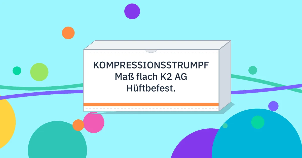 Symbolbild: Packung mit der Aufschrift KOMPRESSIONSSTRUMPF Maß flach K2 AG Hüftbefest. (PZN 16745570) – Verfügbarkeit und Bezug in Apotheken in Frankfurt am Main