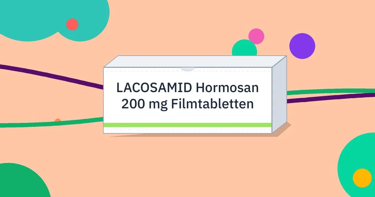 Symbolbild: Packung mit der Aufschrift LACOSAMID Hormosan 200 mg Filmtabletten (PZN 17941942) – Verfügbarkeit und Bezug in Apotheken in Frankfurt am Main