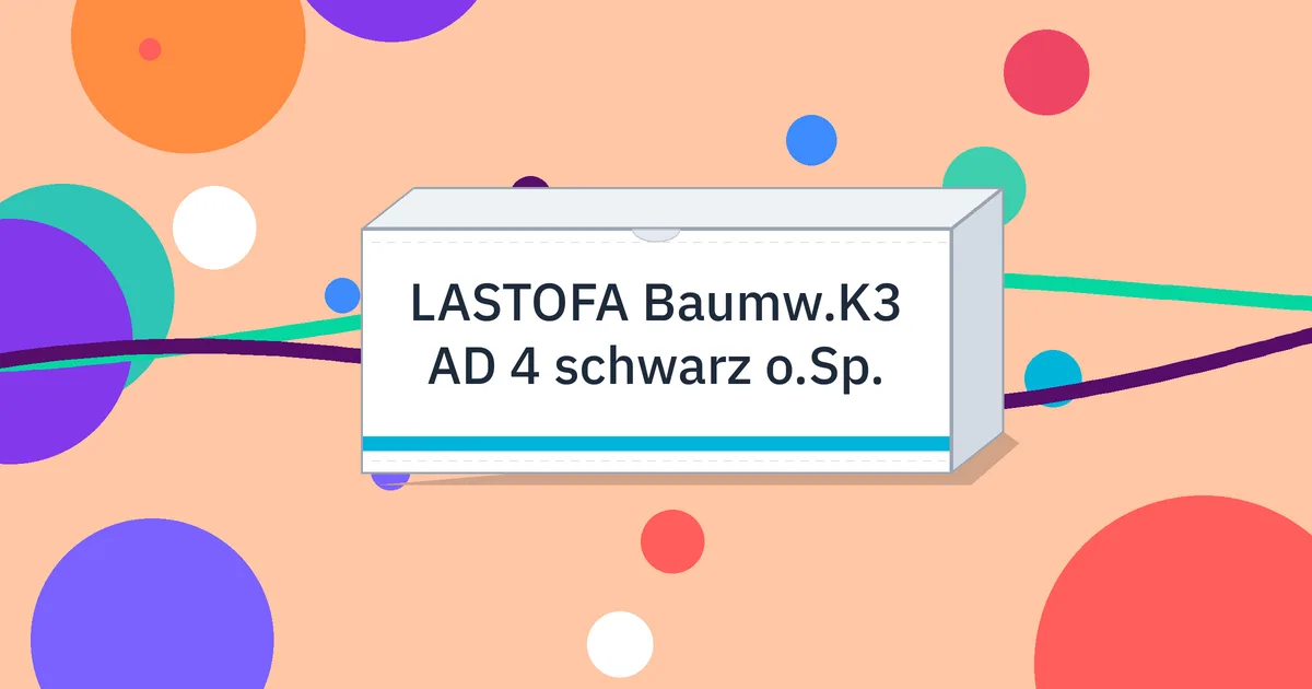 Symbolbild: Packung mit der Aufschrift LASTOFA Baumw.K3 AD 4 schwarz o.Sp. (PZN 01952961) – Verfügbarkeit und Bezug in Apotheken in Frankfurt am Main