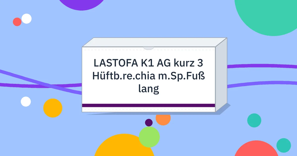 Symbolbild: Packung mit der Aufschrift LASTOFA K1 AG kurz 3 Hüftb.re.chia m.Sp.Fuß lang (PZN 13797951) – Verfügbarkeit und Bezug in Apotheken in Frankfurt am Main