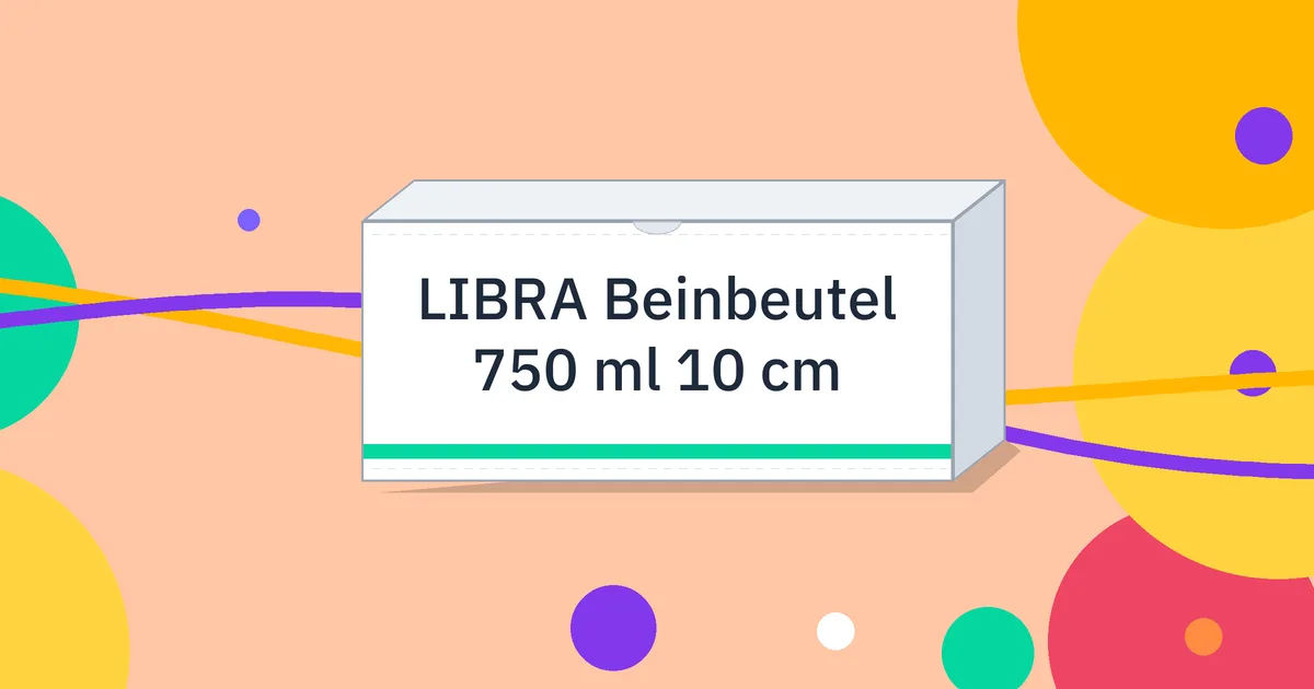 Symbolbild: Packung mit der Aufschrift LIBRA Beinbeutel 750 ml 10 cm (PZN 19855230) – Verfügbarkeit und Bezug in Apotheken in Frankfurt am Main