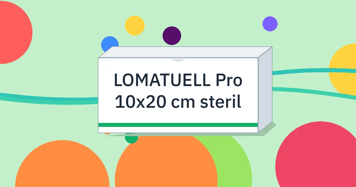 Symbolbild: Packung mit der Aufschrift LOMATUELL Pro 10x20 cm steril (PZN 17311276) – Verfügbarkeit und Bezug in Apotheken in Frankfurt am Main