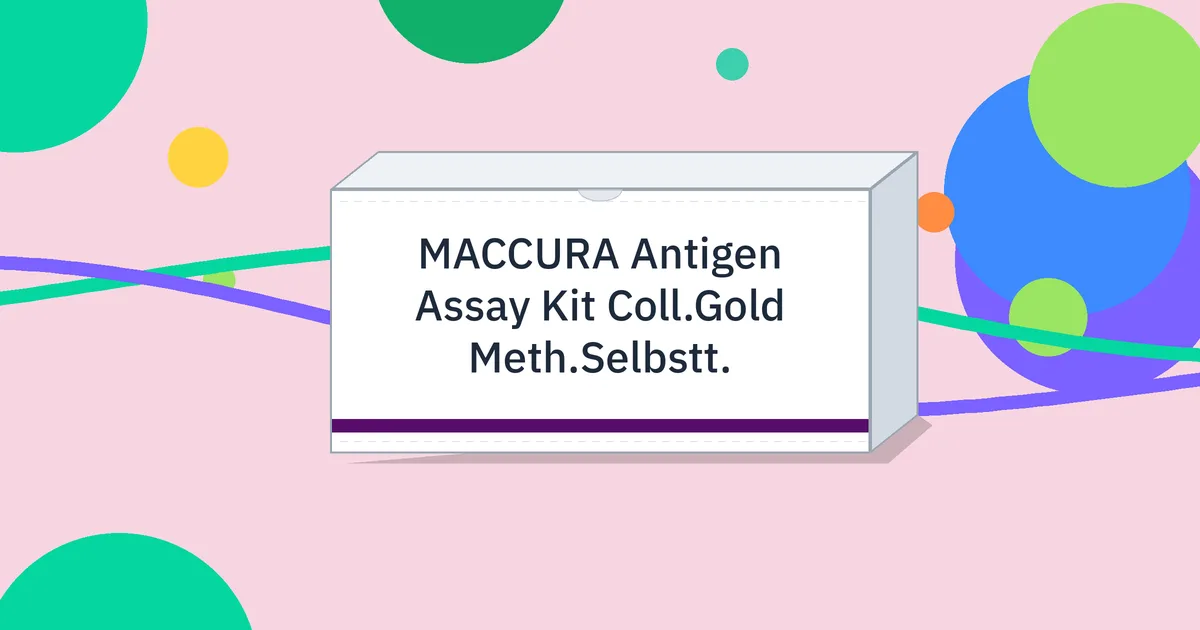 Symbolbild: Packung mit der Aufschrift MACCURA Antigen Assay Kit Coll.Gold Meth.Selbstt. (PZN 18250111) – Verfügbarkeit und Bezug in Apotheken in Frankfurt am Main