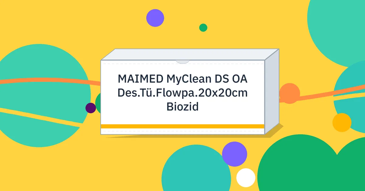 Symbolbild: Packung mit der Aufschrift MAIMED MyClean DS OA Des.Tü.Flowpa.20x20cm Biozid (PZN 19502709) – Verfügbarkeit und Bezug in Apotheken in Frankfurt am Main