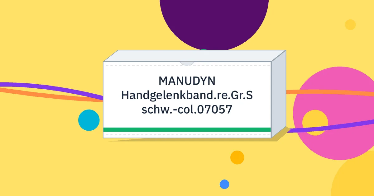 Symbolbild: Packung mit der Aufschrift MANUDYN Handgelenkband.re.Gr.S schw.-col.07057 (PZN 06727275) – Verfügbarkeit und Bezug in Apotheken in Frankfurt am Main