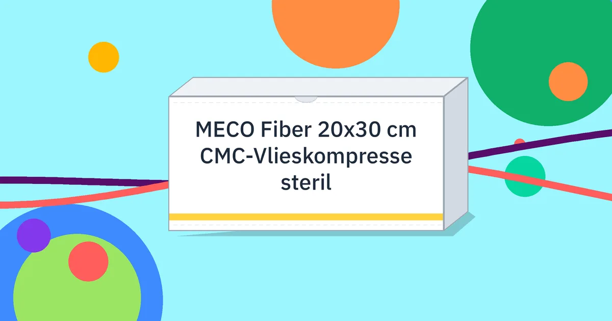 Symbolbild: Packung mit der Aufschrift MECO Fiber 20x30 cm CMC-Vlieskompresse steril (PZN 18445731) – Verfügbarkeit und Bezug in Apotheken in Frankfurt am Main