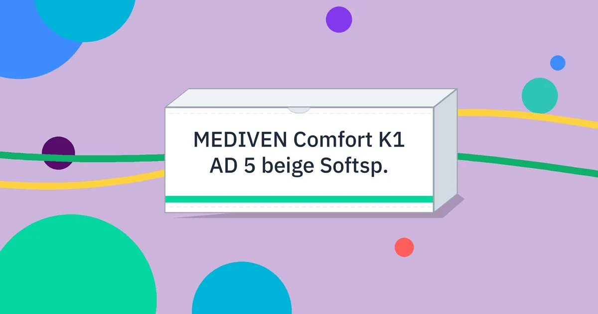 Symbolbild: Packung mit der Aufschrift MEDIVEN Comfort K1 AD 5 beige Softsp. (PZN 14559544) – Verfügbarkeit und Bezug in Apotheken in Frankfurt am Main