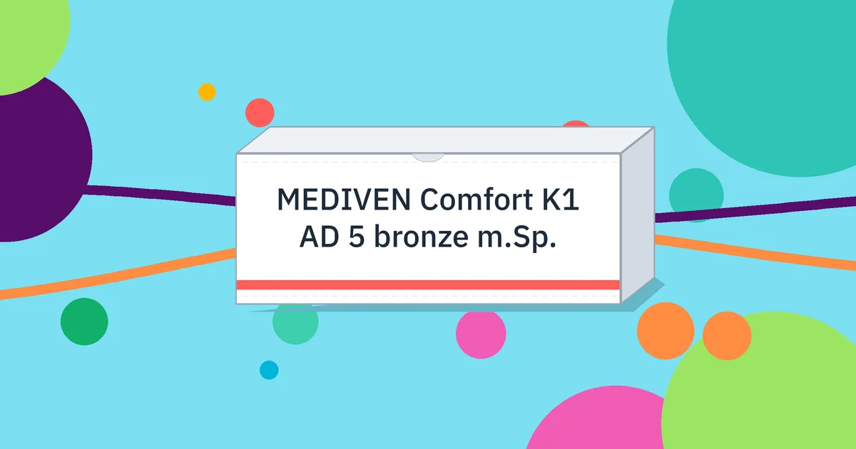 Symbolbild: Packung mit der Aufschrift MEDIVEN Comfort K1 AD 5 bronze m.Sp. (PZN 14559202) – Verfügbarkeit und Bezug in Apotheken in Frankfurt am Main