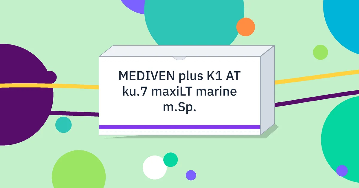 Symbolbild: Packung mit der Aufschrift MEDIVEN plus K1 AT ku.7 maxiLT marine m.Sp. (PZN 15068653) – Verfügbarkeit und Bezug in Apotheken in Frankfurt am Main