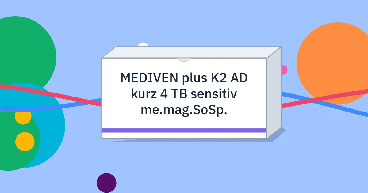 Symbolbild: Packung mit der Aufschrift MEDIVEN plus K2 AD kurz 4 TB sensitiv me.mag.SoSp. (PZN 15106655) – Verfügbarkeit und Bezug in Apotheken in Frankfurt am Main