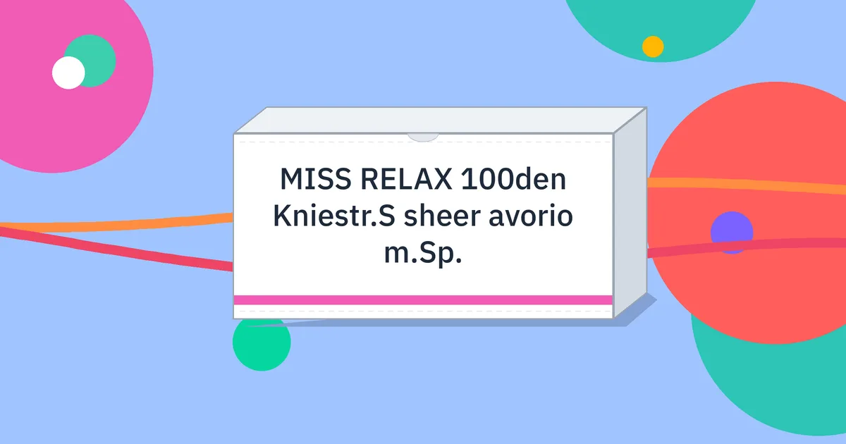 Symbolbild: Packung mit der Aufschrift MISS RELAX 100den Kniestr.S sheer avorio m.Sp. (PZN 01635350) – Verfügbarkeit und Bezug in Apotheken in Frankfurt am Main