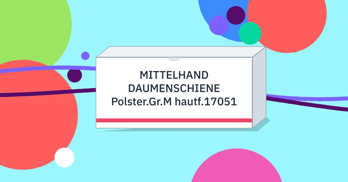 Symbolbild: Packung mit der Aufschrift MITTELHAND DAUMENSCHIENE Polster.Gr.M hautf.17051 (PZN 01415306) – Verfügbarkeit und Bezug in Apotheken in Frankfurt am Main