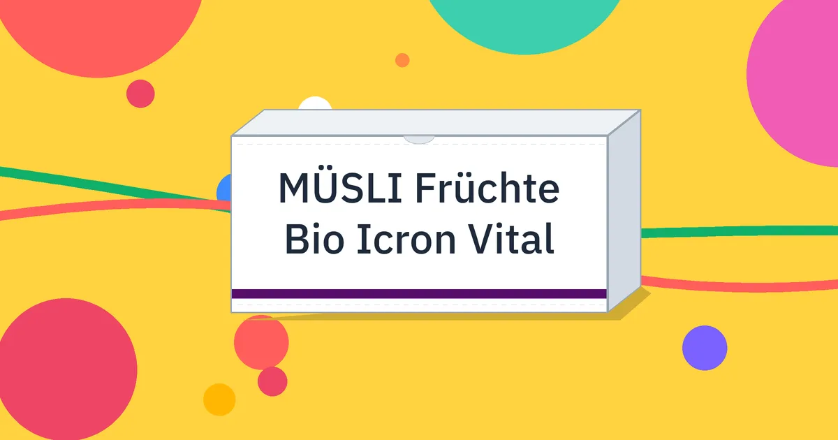 Symbolbild: Packung mit der Aufschrift MÜSLI Früchte Bio Icron Vital (PZN 01911525) – Verfügbarkeit und Bezug in Apotheken in Frankfurt am Main