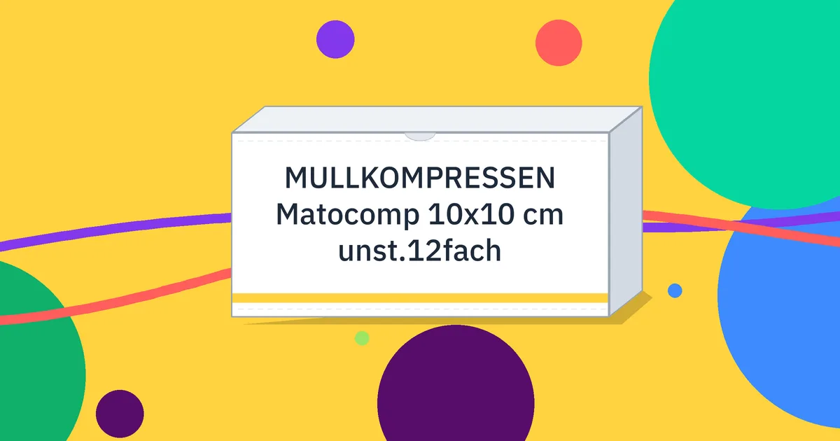 Symbolbild: Packung mit der Aufschrift MULLKOMPRESSEN Matocomp 10x10 cm unst.12fach (PZN 03377751) – Verfügbarkeit und Bezug in Apotheken in Frankfurt am Main